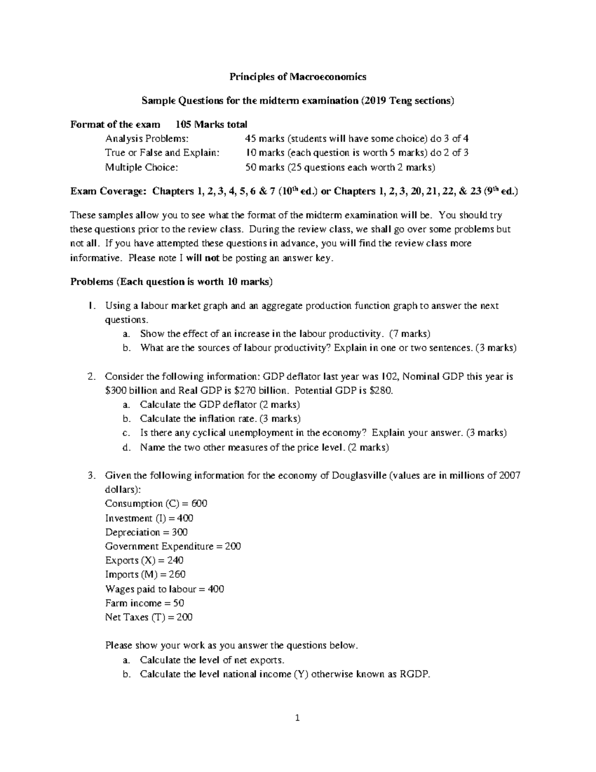 1250 Information and Sample questions Midterm - Principles of Macroeconomics Sample Questions ...