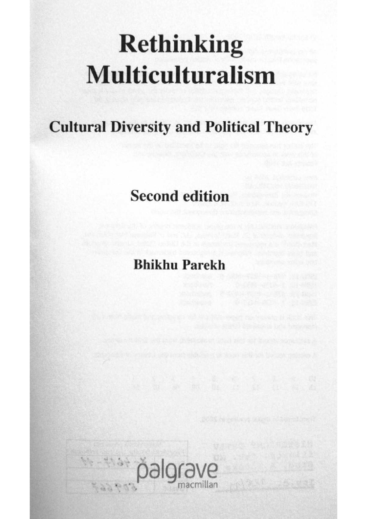 Parekh Rethinking multiculturalism - Theory Construction In Social ...