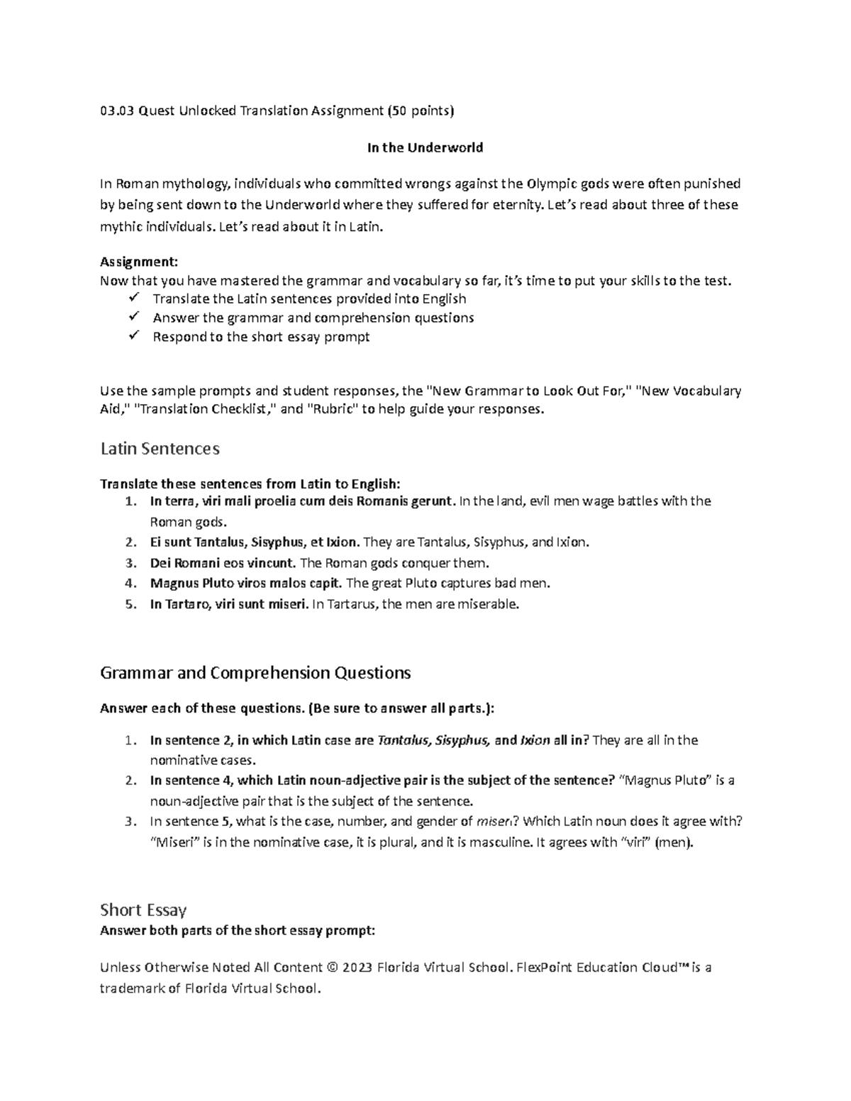 3 - 03.03 Translation Assignment for Latin 1 Honors FLVS. - 03 Quest Unlocked Translation ...