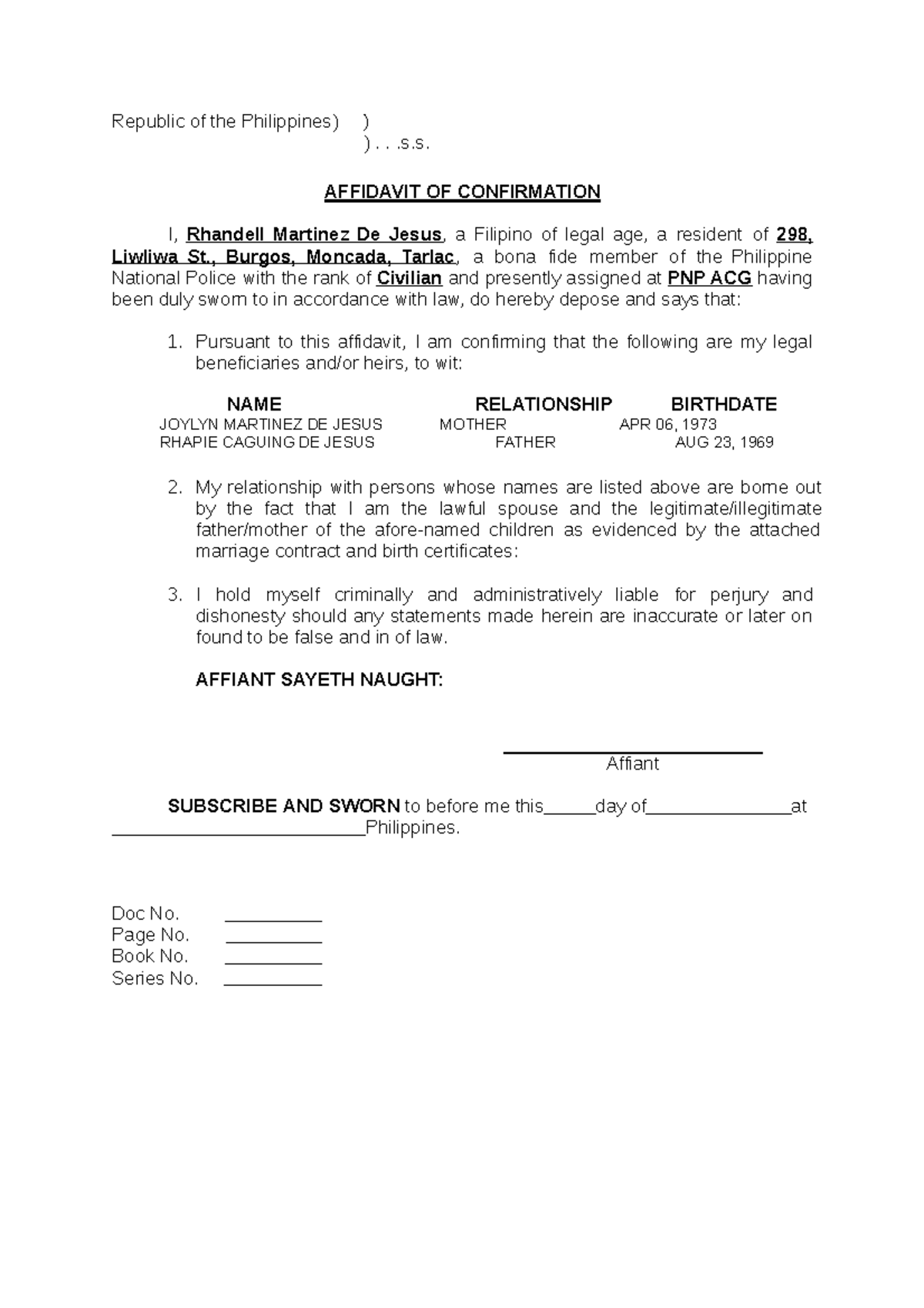 Affidavitofconfirmation - Republic of the Philippines) ) ).. .s ...