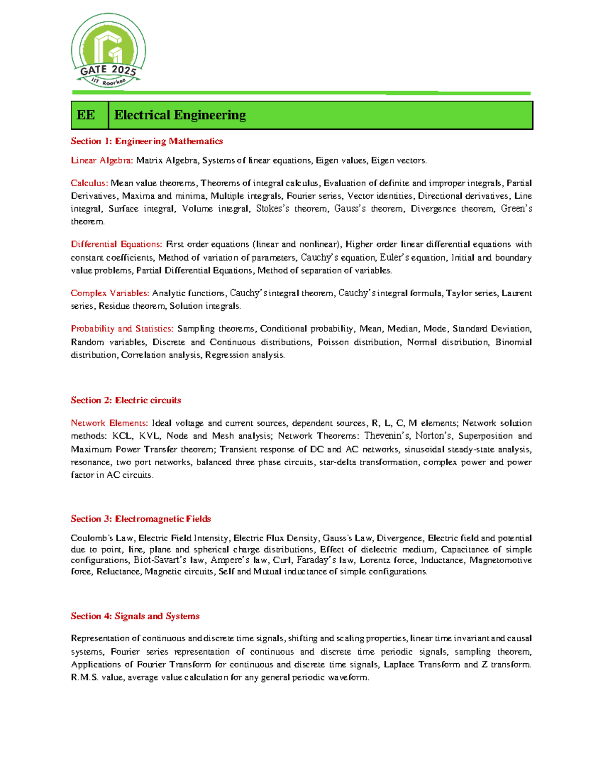 GATE EE 2025 Syllabus - Hha - EE Electrical Engineering Section 1 ...