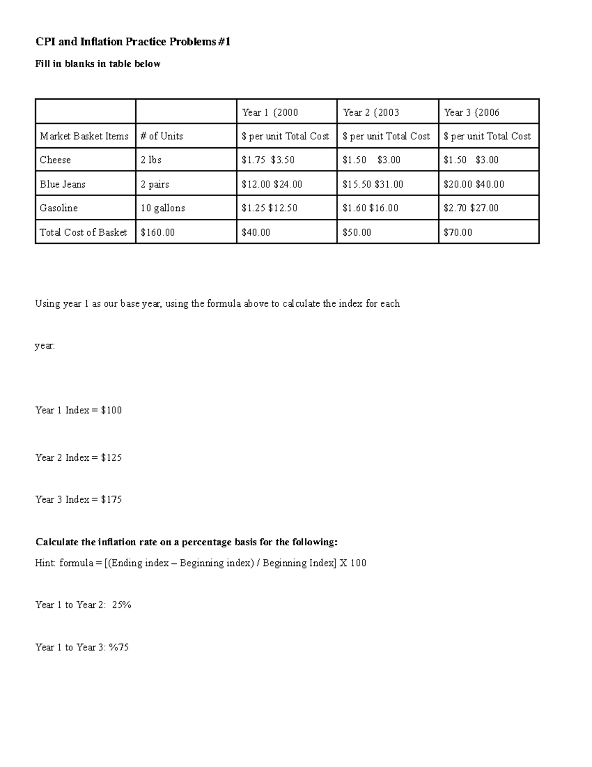 CPI and Inflation Student Copy - CPI and Inflation Practice Problems ...