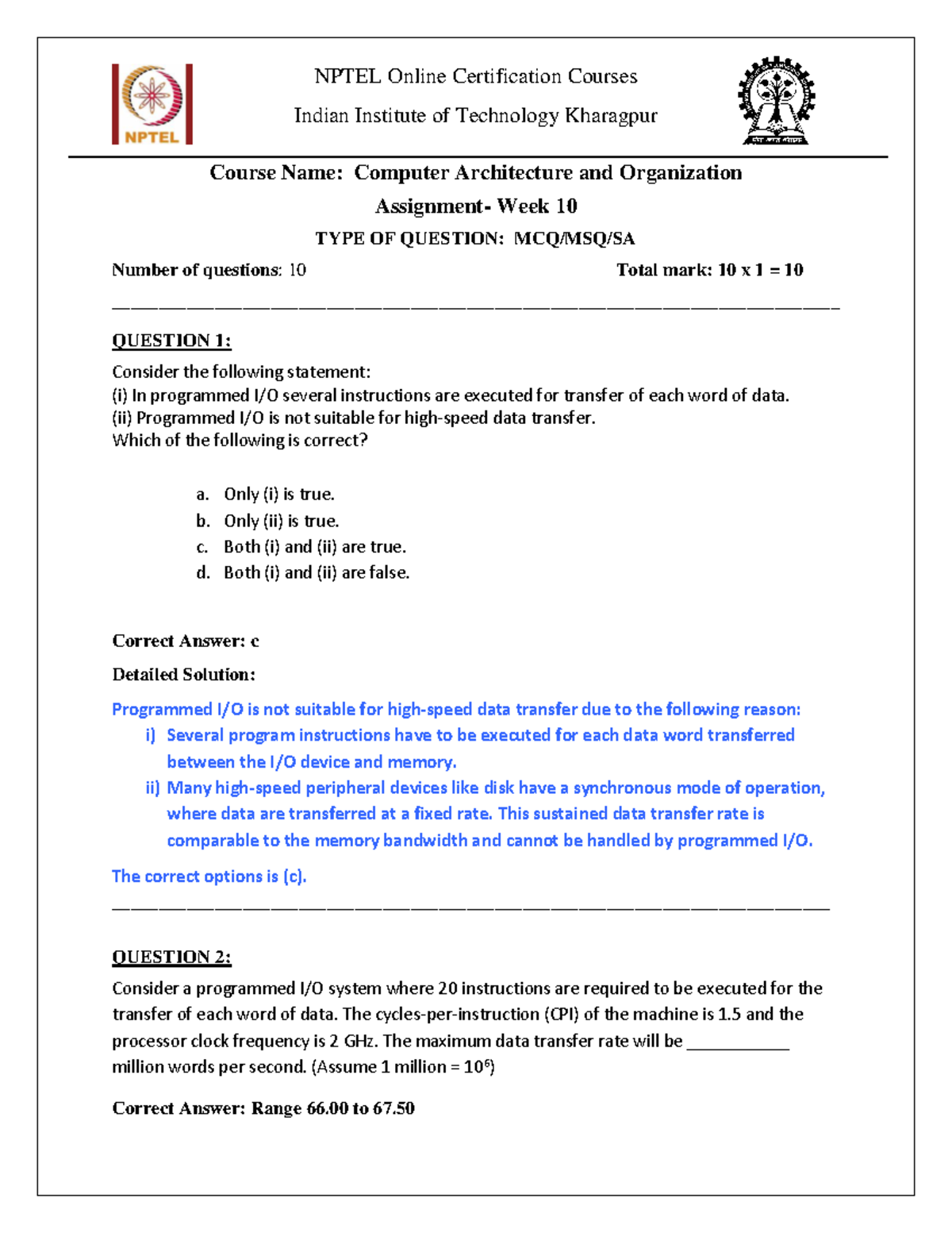 Solution-merged - It's a solved paper of week 10 assignment of COA ...