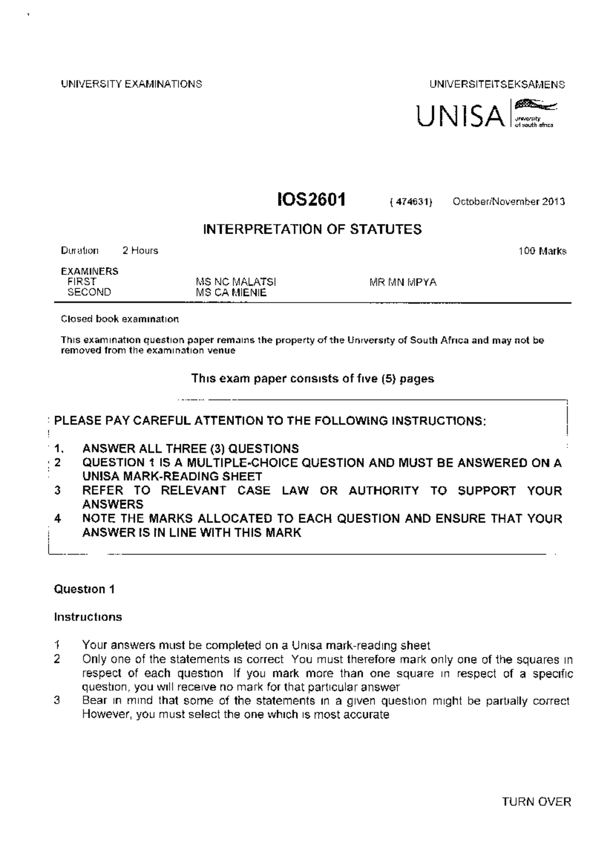 IOS2601 2013 10 E 1 UNISA - IOS2601 - Studocu