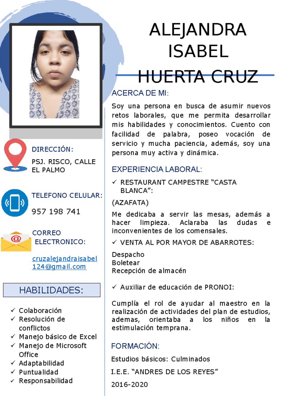 CV Huerta CRUZ Alejandra Isabel - v HABILIDADES: ACERCA DE MI: Soy una ...