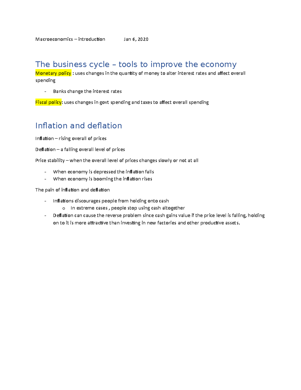 Chapter 1 - Lecture notes 1 - Macroeconomics – introduction Jan 6, 2020 ...