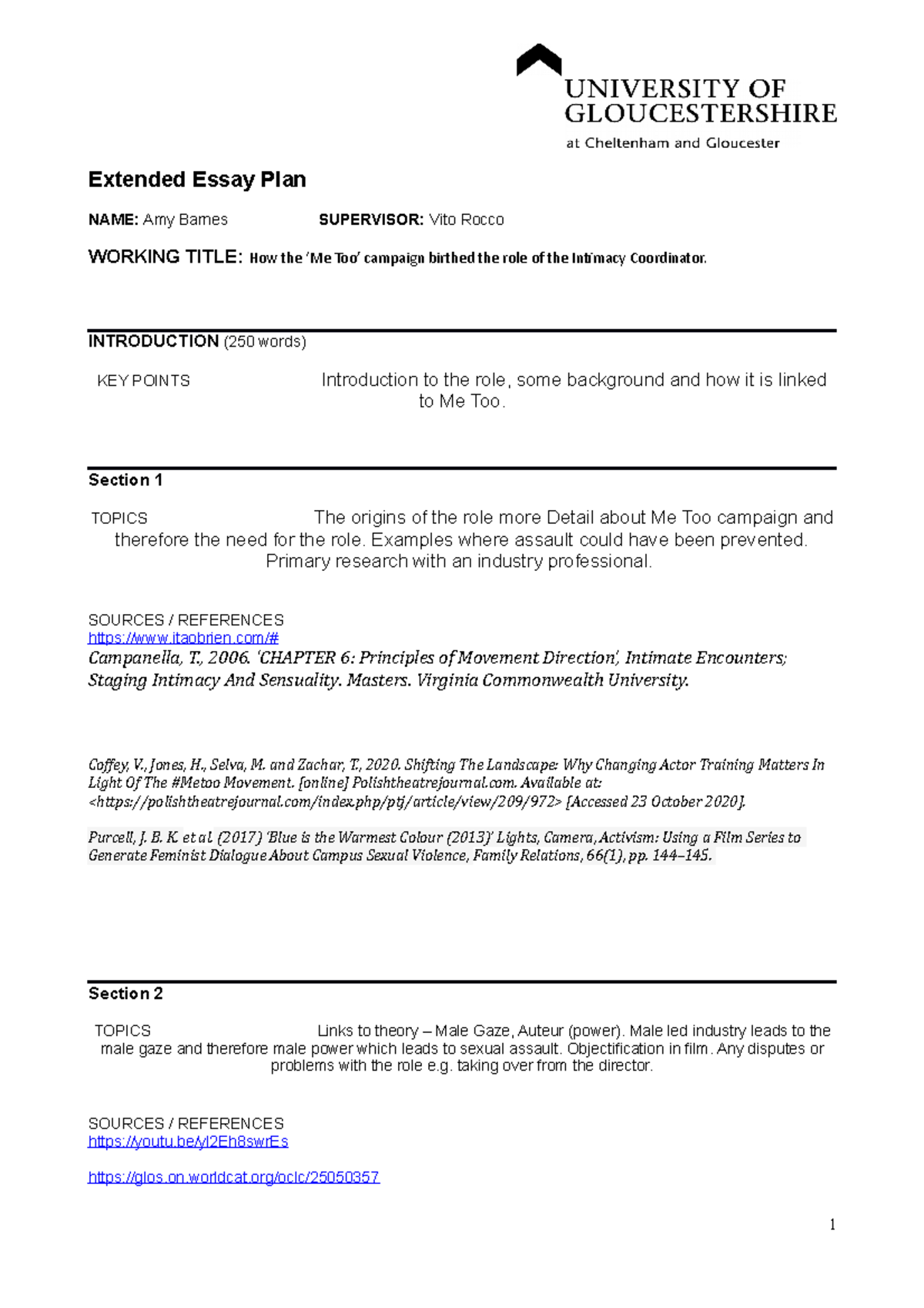 Brief Essay PLAN - Extended Essay Plan NAME: Amy Barnes SUPERVISOR ...
