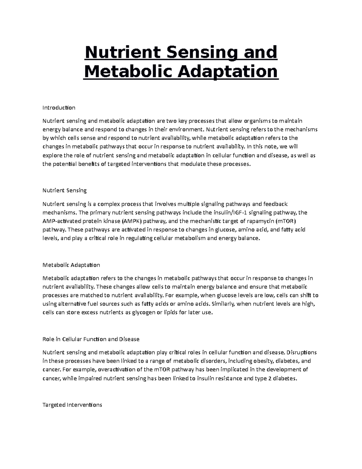 Nutrient Sensing and Metabolic Adaptation - Nutrient Sensing and ...