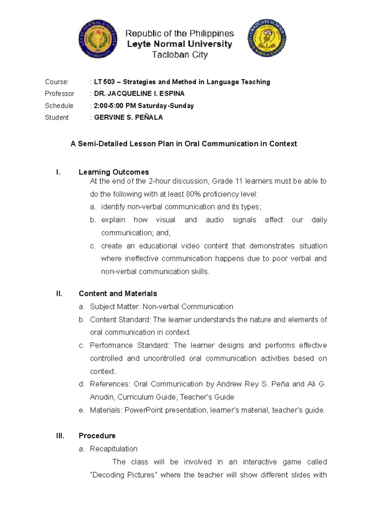 Lesson PLAN- Language Teaching - Course: : LT 503 – Strategies and ...