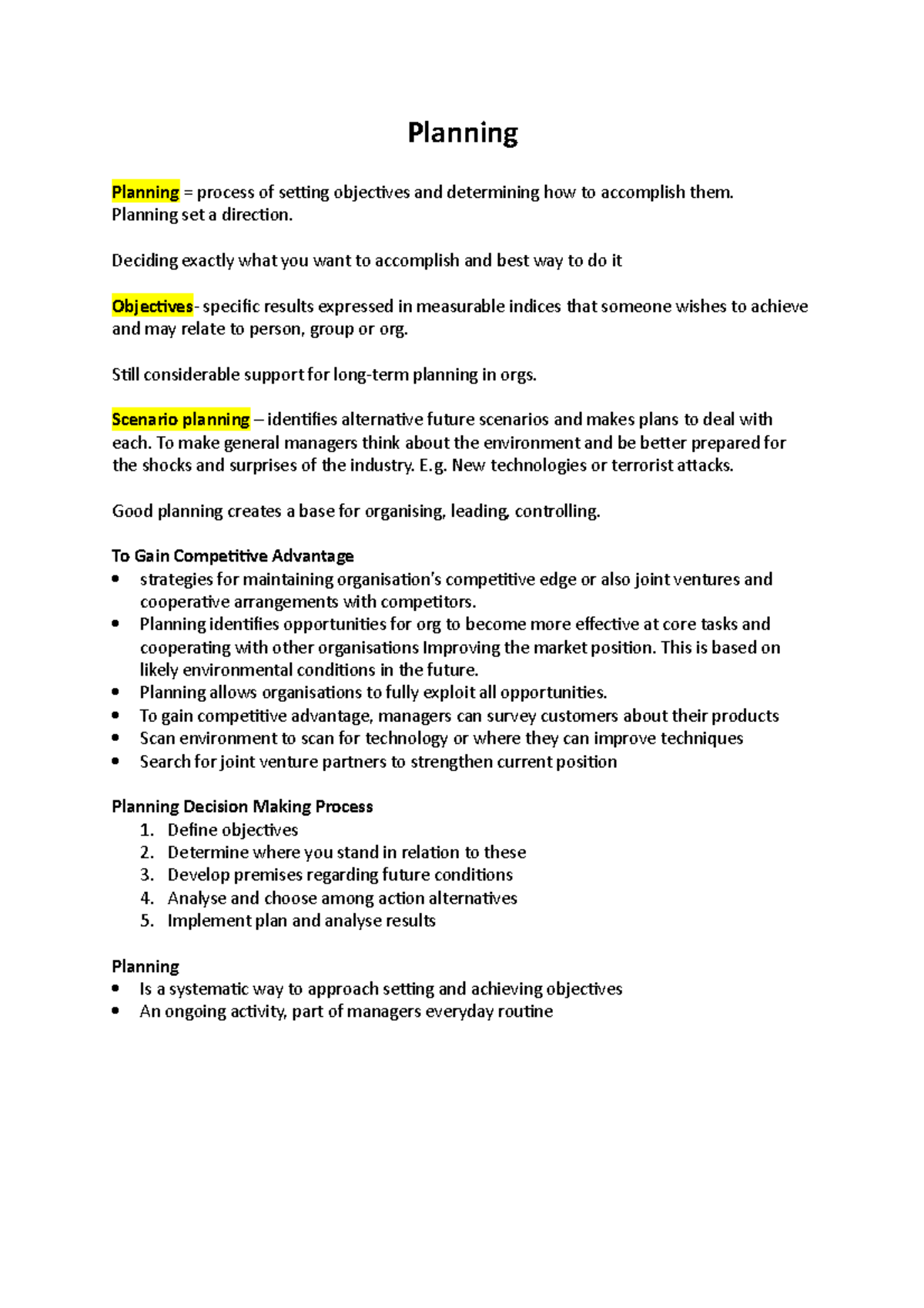 Final Exam Notes - Planning - Planning Planning = process of setting ...