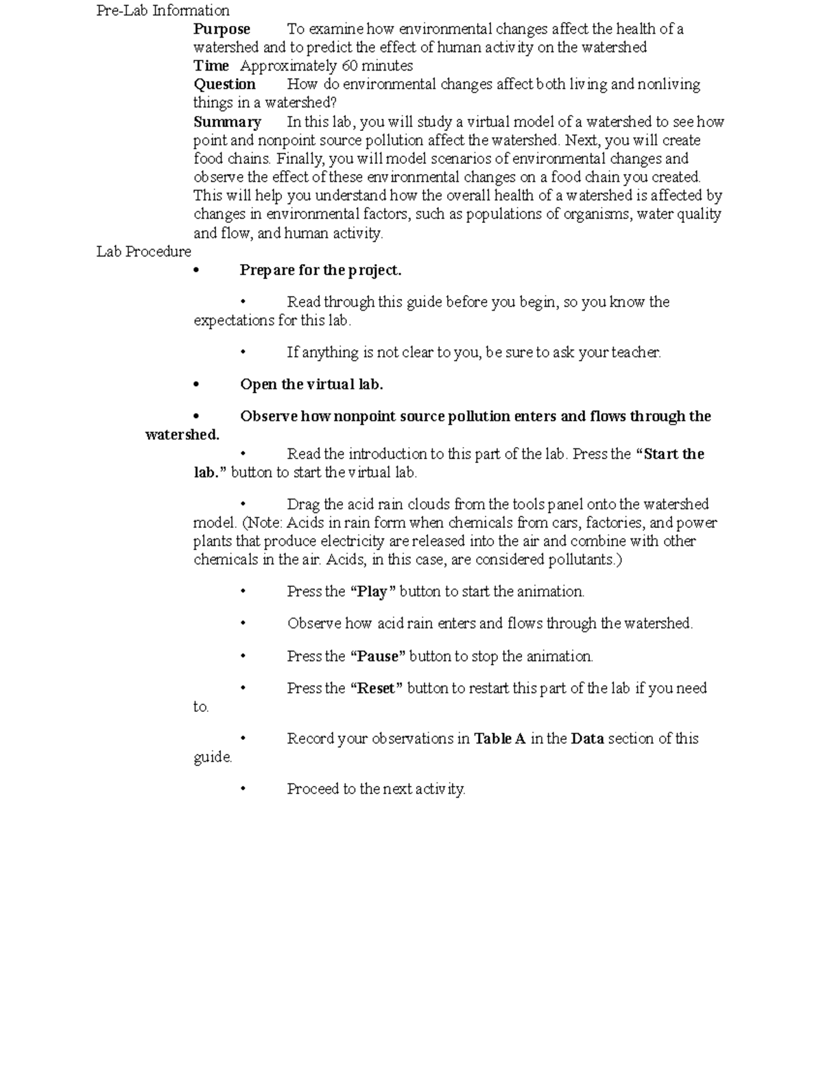 Changes in a watershed student Virtual Lab Guide - Pre-Lab Information Purpose To examine how ...