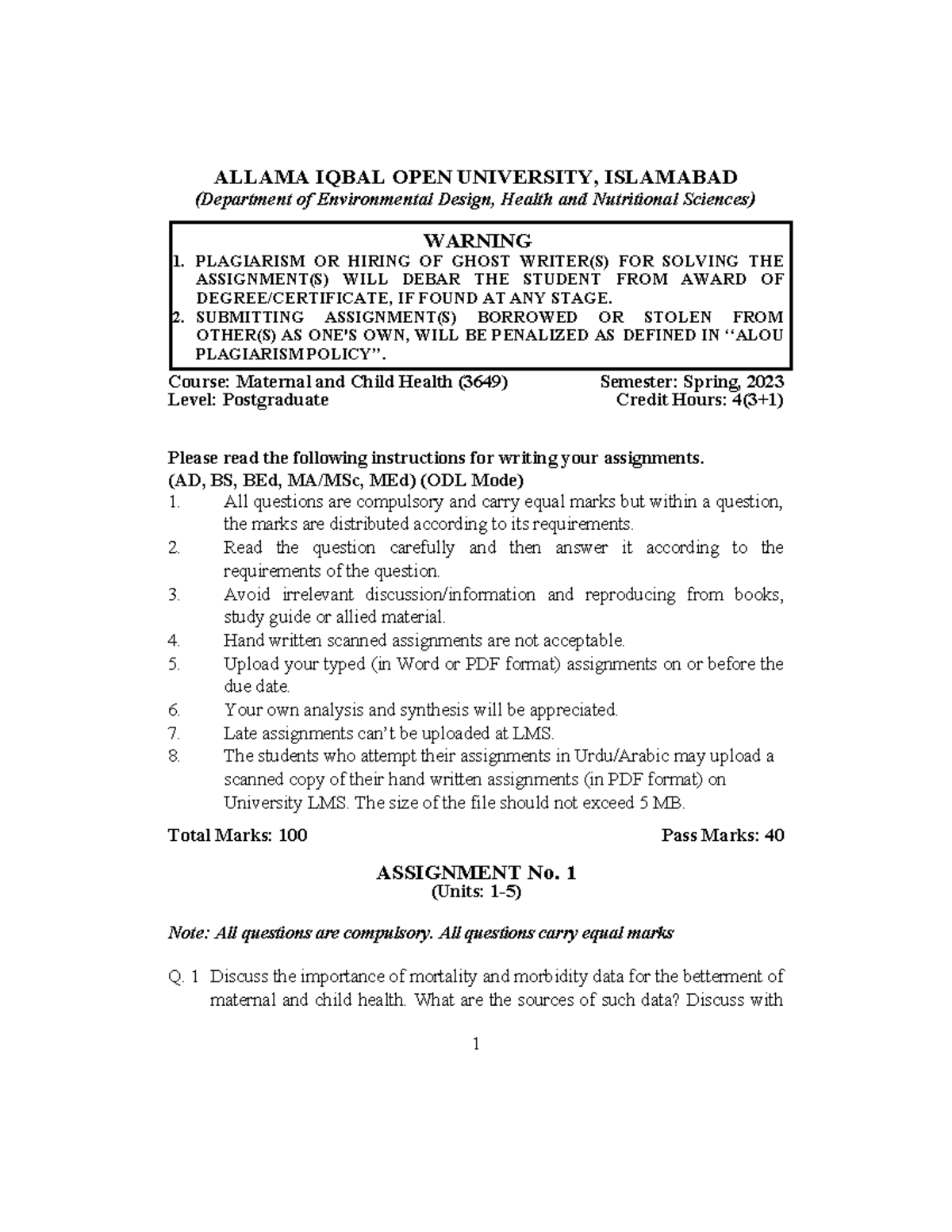 3649 Assignment Allama Iqbal Open University Islamabad Department