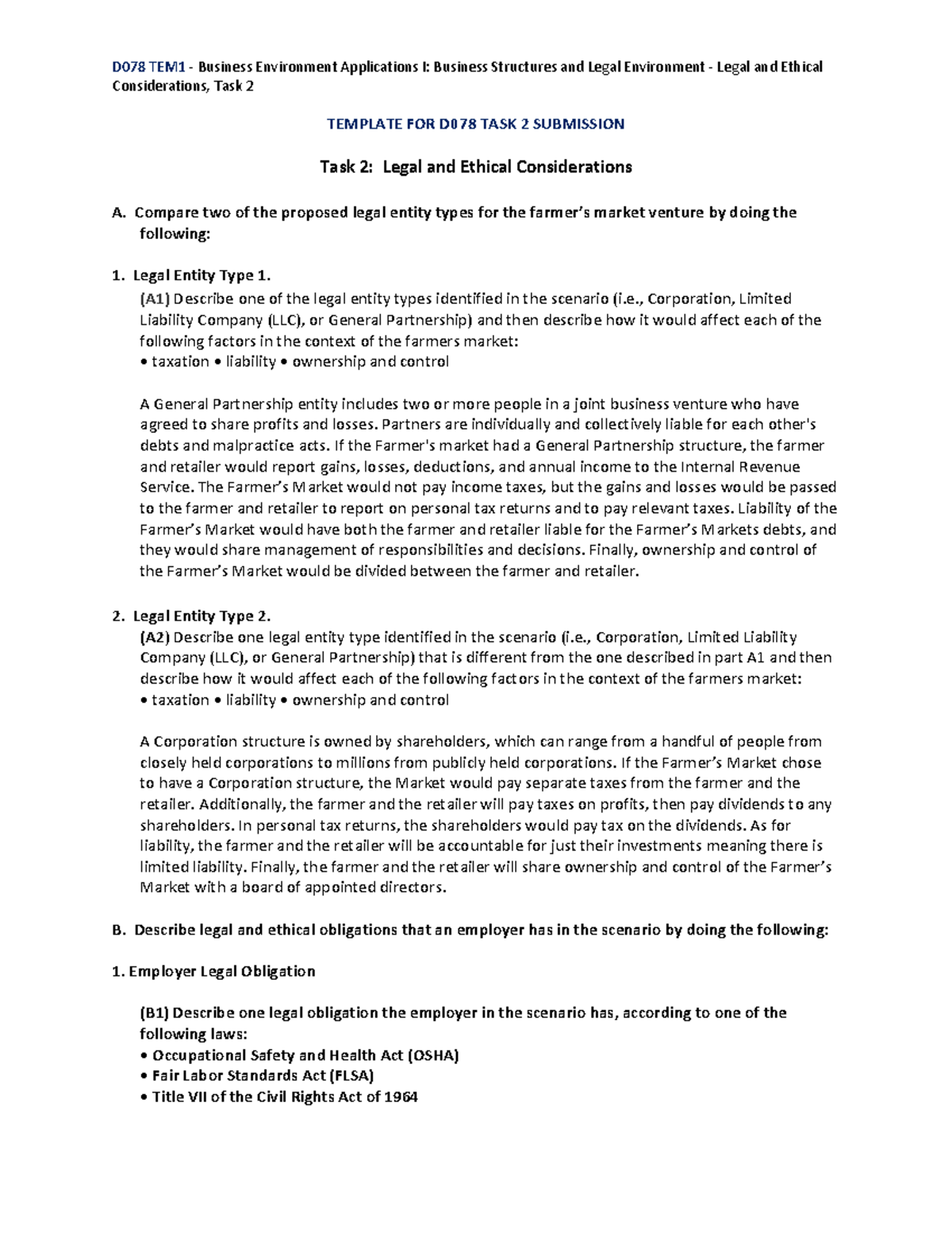 D078 Task 2 notes - D078 TEM1 - Business Environment Applications I ...