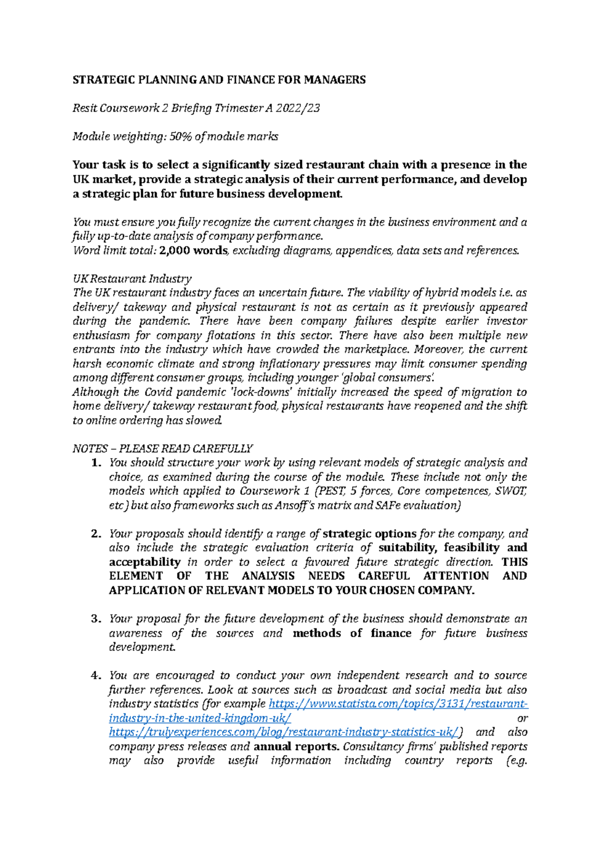 SPFM Tri A Resit 2022-23 CW2 - STRATEGIC PLANNING AND FINANCE FOR ...