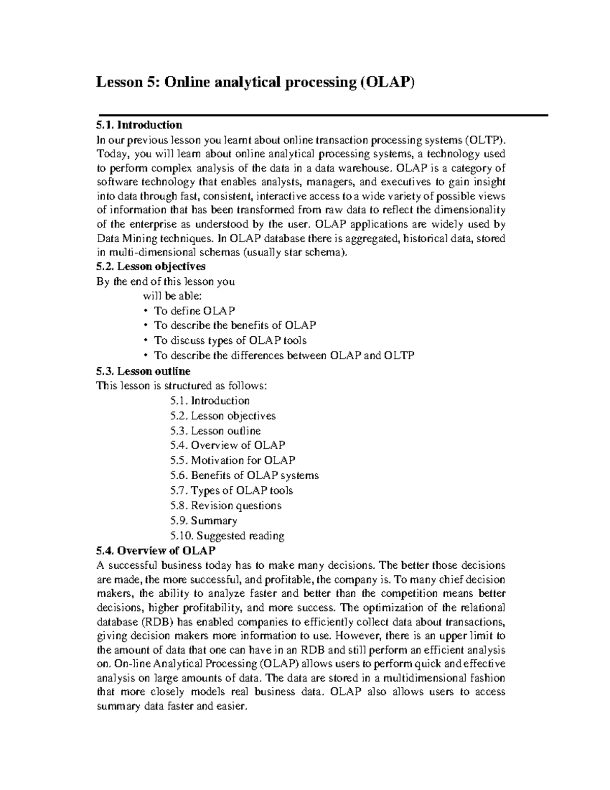 Lesson 5 - notes - Lesson 5: Online analytical processing (OLAP ...