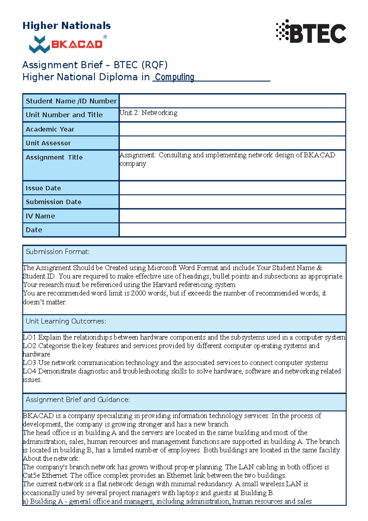 Assignment-brief-Networking - Higher Nationals Assignment Brief – BTEC (RQF) Higher National ...