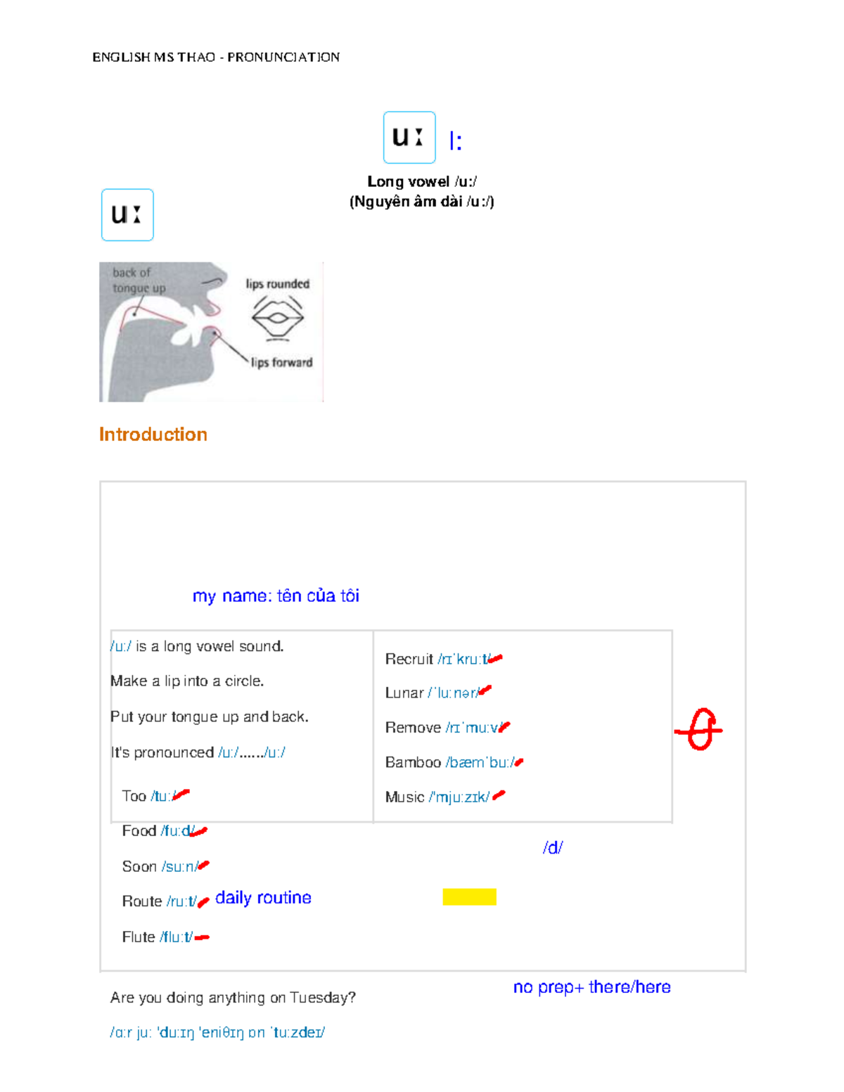 Lesson 3 udai - jhgkb - Introduction /uː/ is a long vowel sound. Make a ...