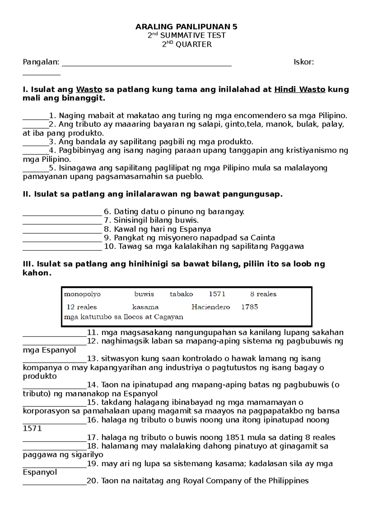 AP5 ST2 Q2 - test - ARALING PANLIPUNAN 5 2 nd SUMMATIVE TEST 2 ND ...