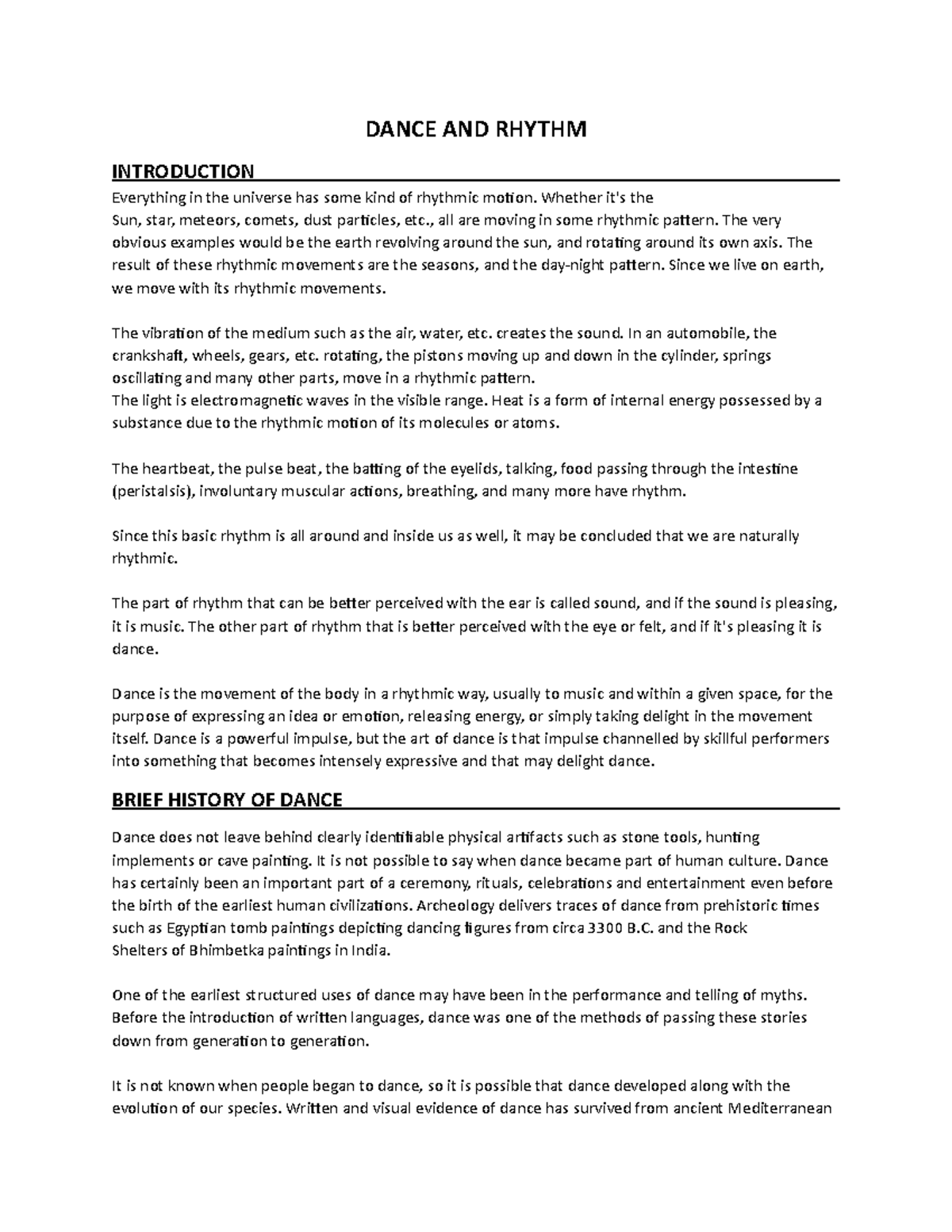 Dance Introduction - DANCE AND RHYTHM INTRODUCTION Everything in the ...