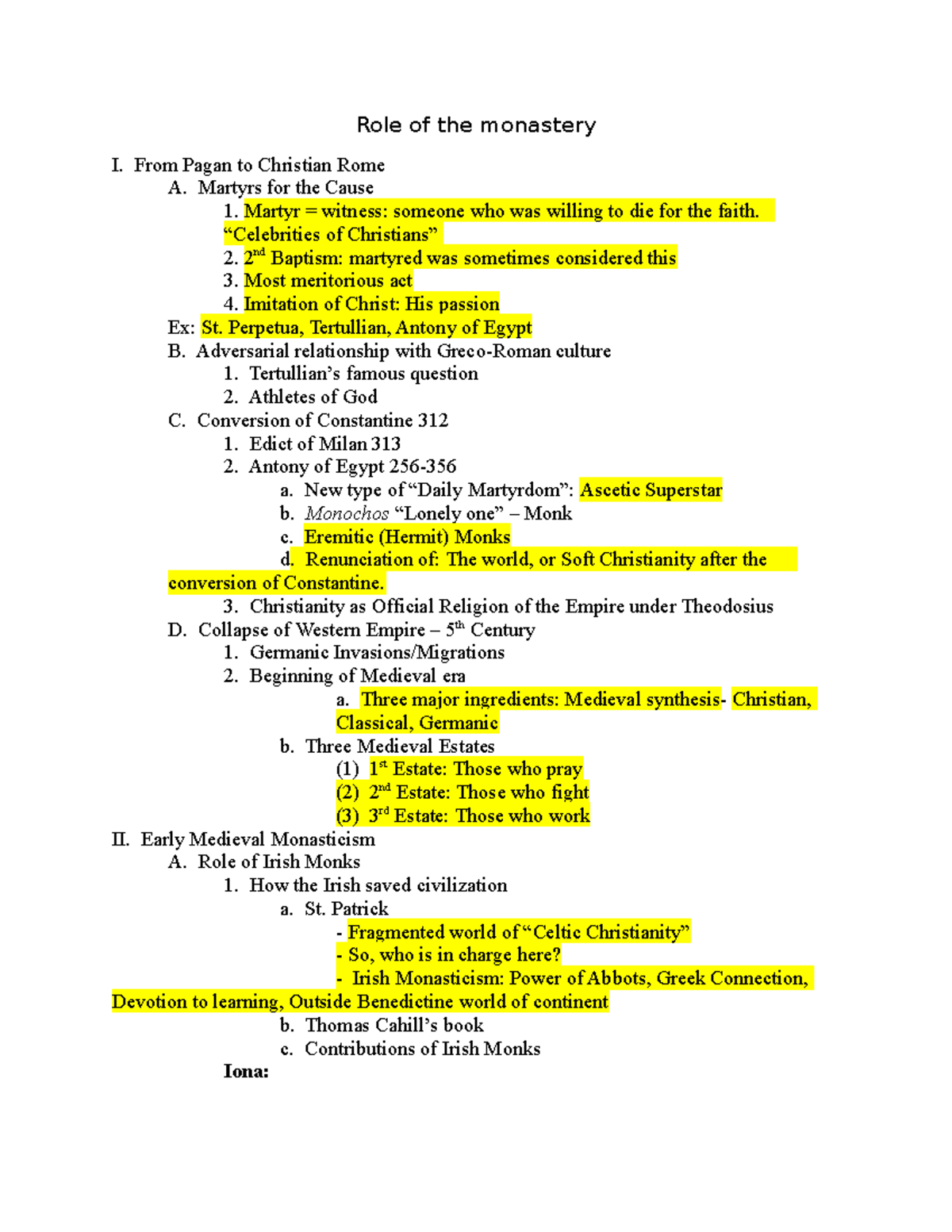 Role of the Monastery notes - Role of the monastery I. From Pagan to ...