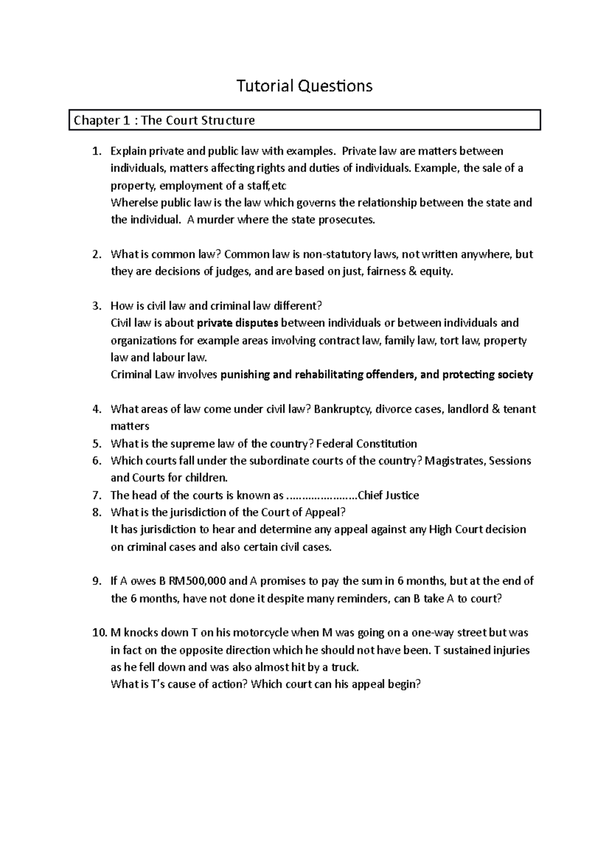 Chapter 1 Tutorial Questions W Answers Tutorial Questions Chapter 1 The Court Structure
