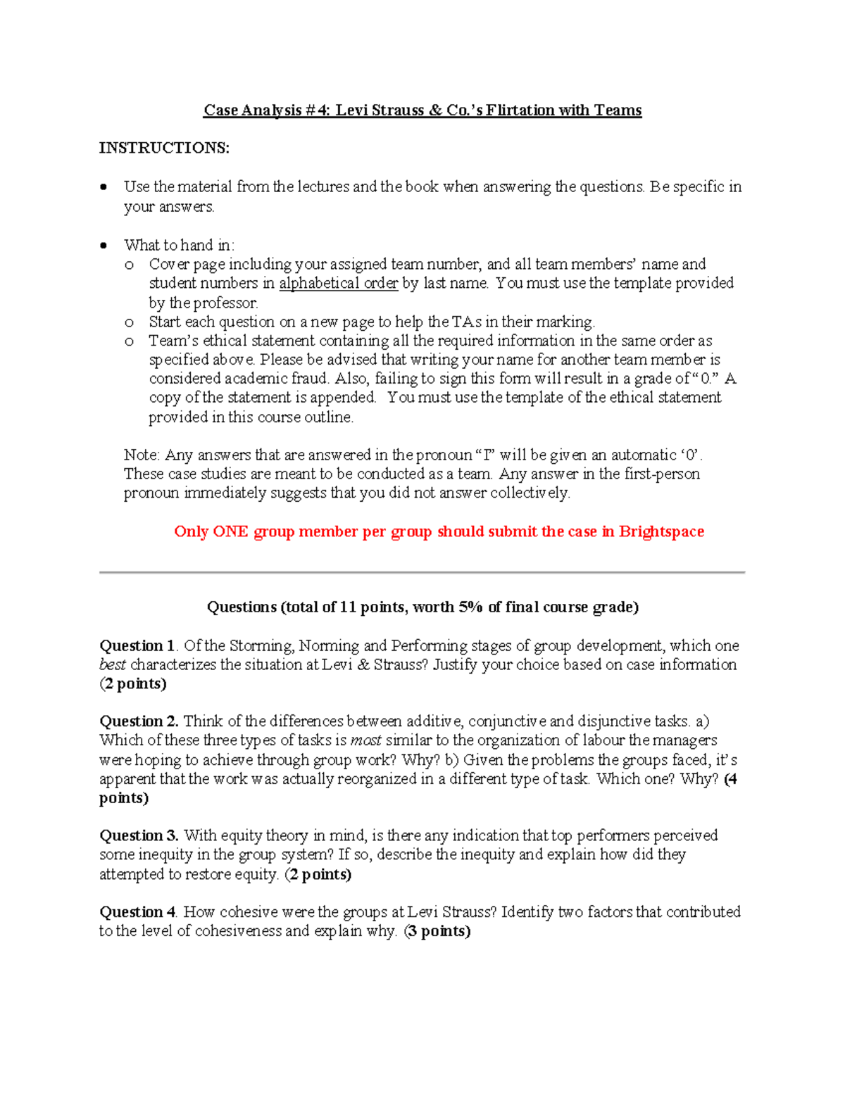 Case 4 - Levis teams questions - Case Analysis # 4: Levi Strauss & Co ...