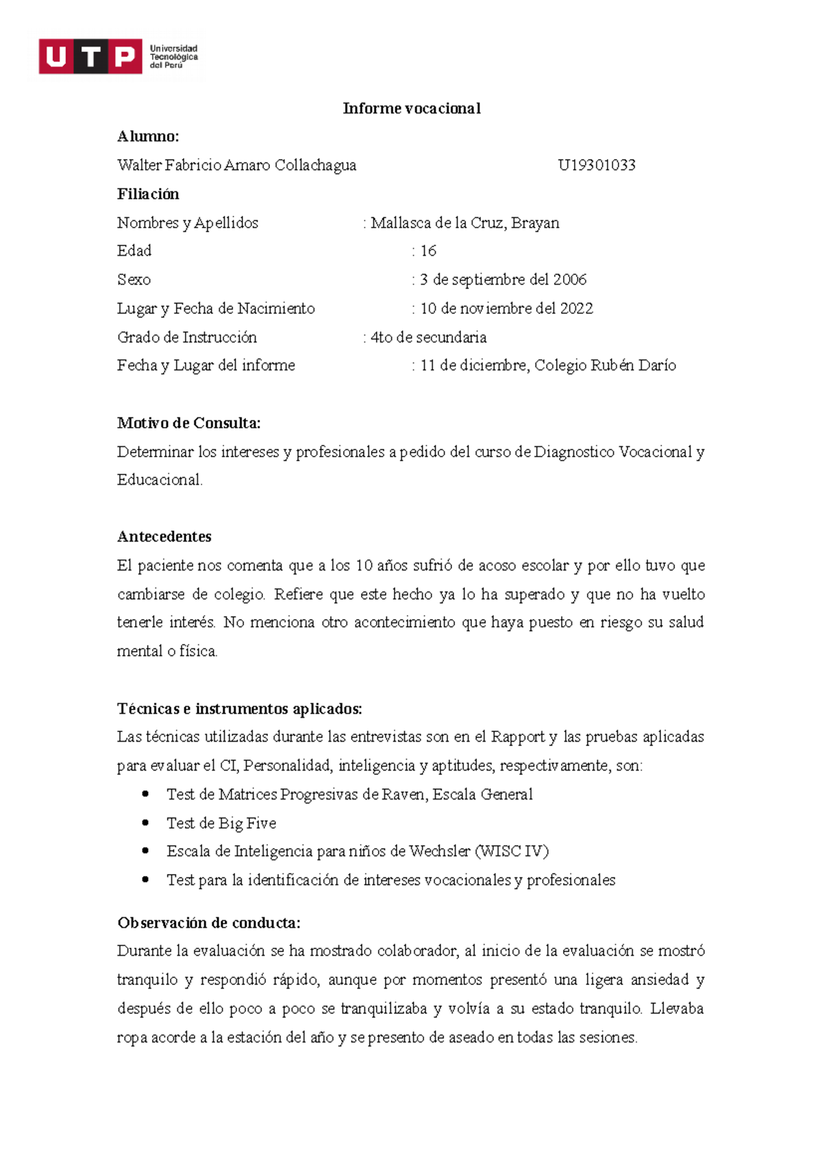 Informe vocacional - Informe vocacional Alumno: Walter Fabricio Amaro ...