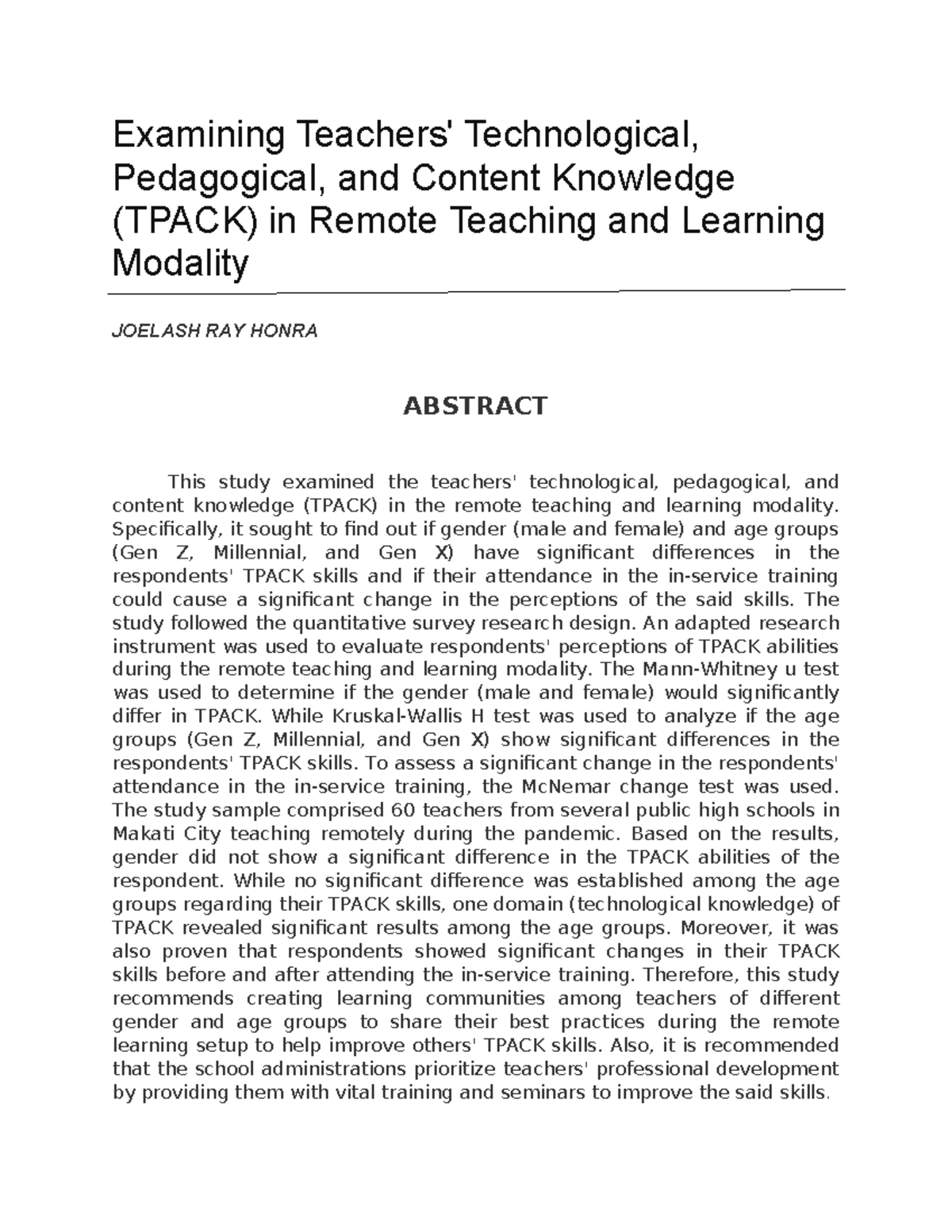 Tpack - CTTO OWNER OF THIS ABSTRACT - Examining Teachers' Technological ...