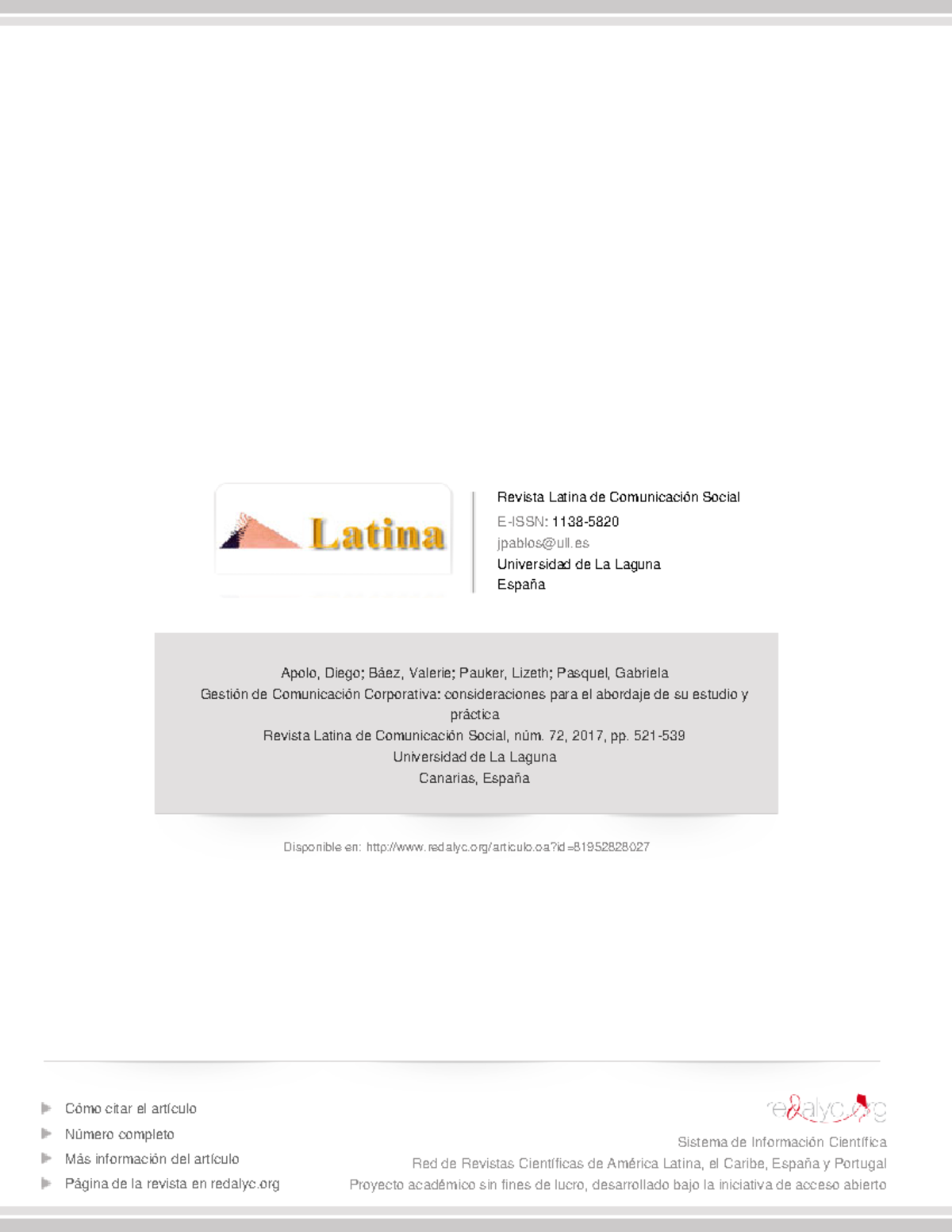 Gestión de comunicación corporativa - Revista Latina de Comunicación Social E-ISSN: 1138- - Studocu