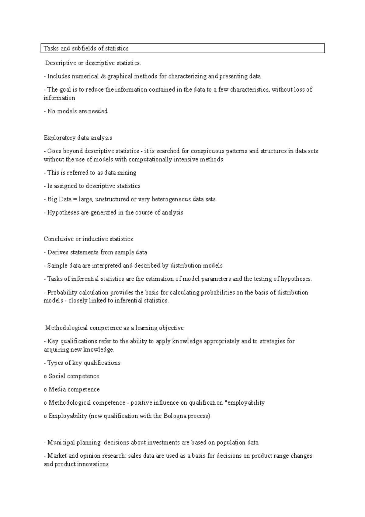 Tasks and Subfields of Statistics - Studocu