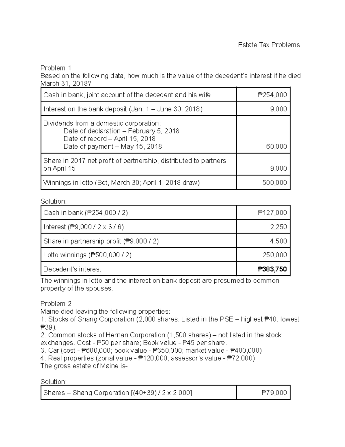 Estate Tax Problems - Cost Accounting - Estate Tax Problems Problem 1 ...