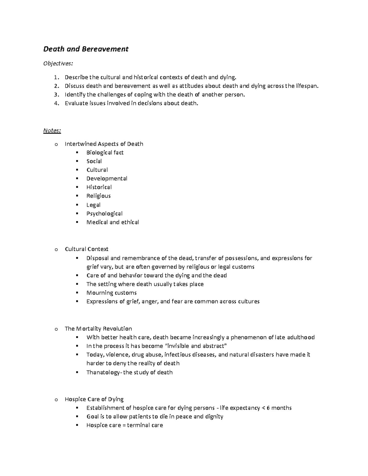 Lifespan-Death and Bereavement - NUR 228 - Studocu