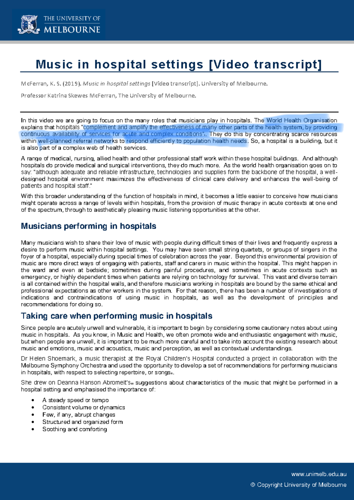 MUSI2015 0 Music in hospital settings - Video transcript - unimelb.edu ...