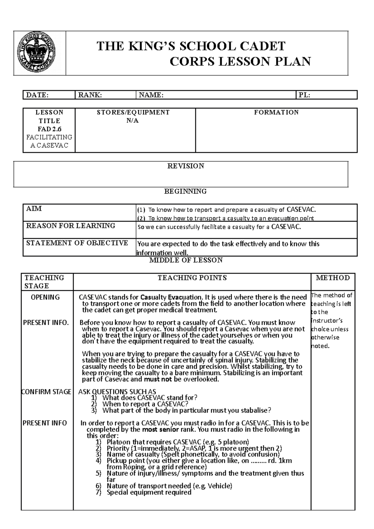 FAD 2 - fad 2.3 of it - THE KING’S SCHOOL CADET CORPS LESSON PLAN DATE ...