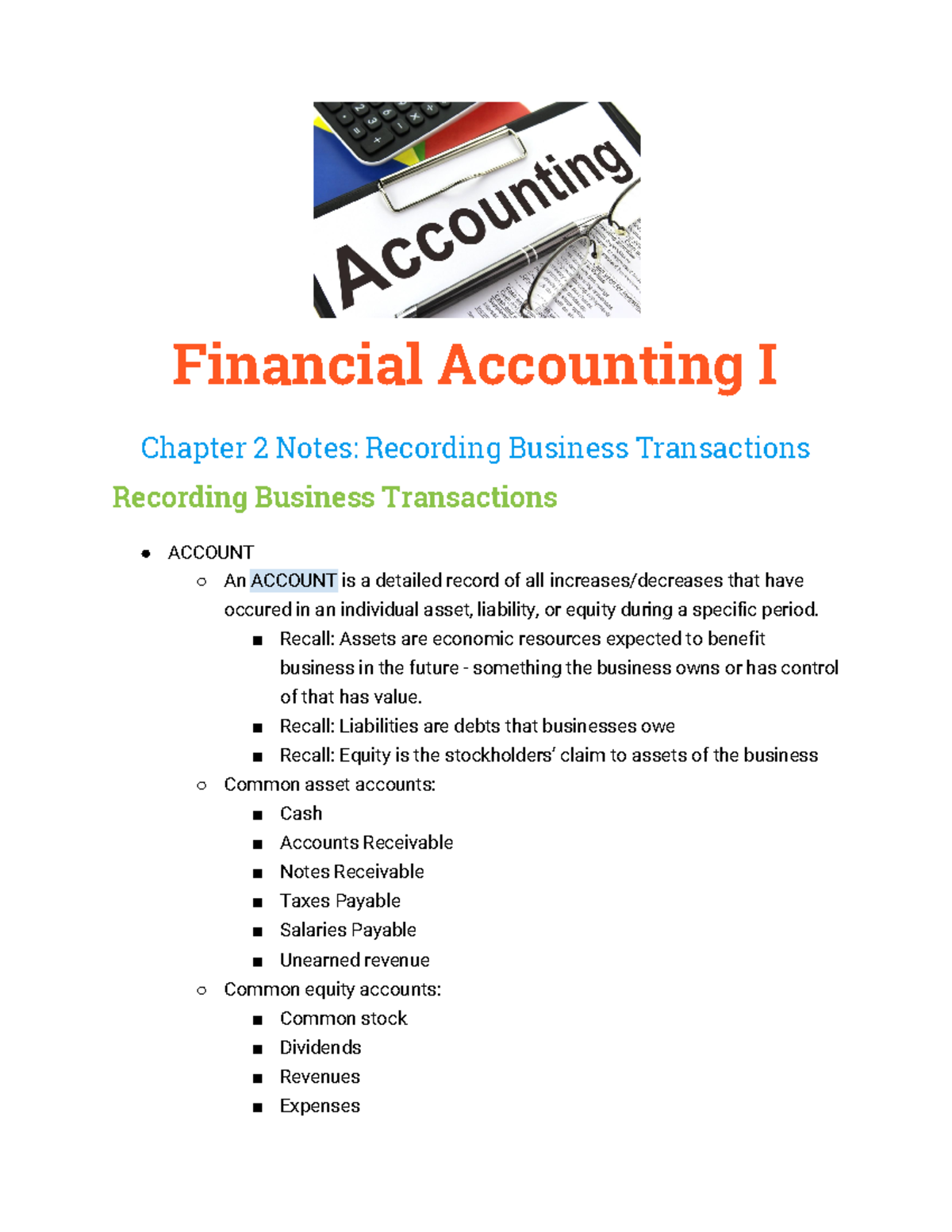 FA I Ch 2 Notes - Financial Accounting I Chapter 2 Notes: Recording ...