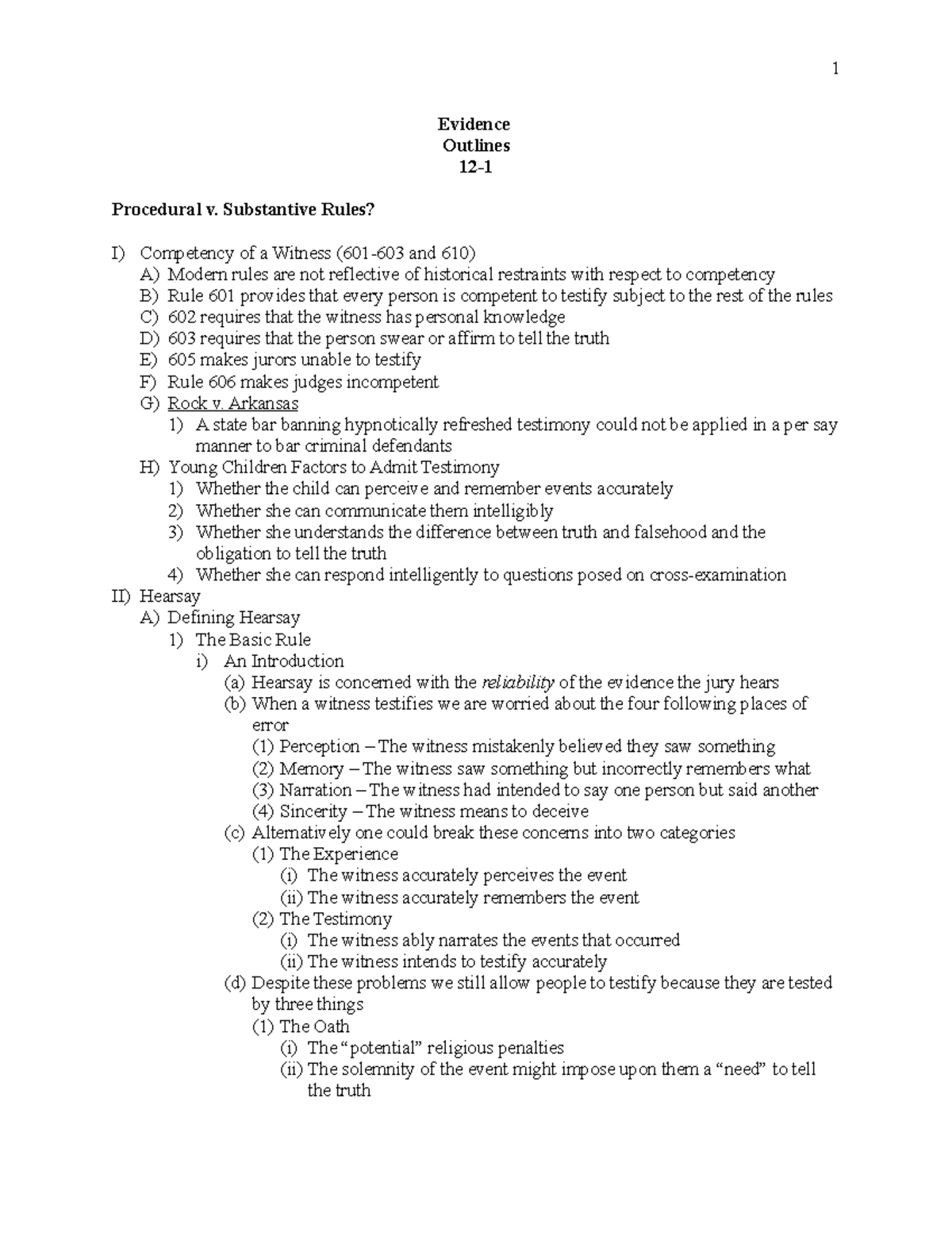 Evidence Outline - Evidence Outlines 12- Procedural v. Substantive ...