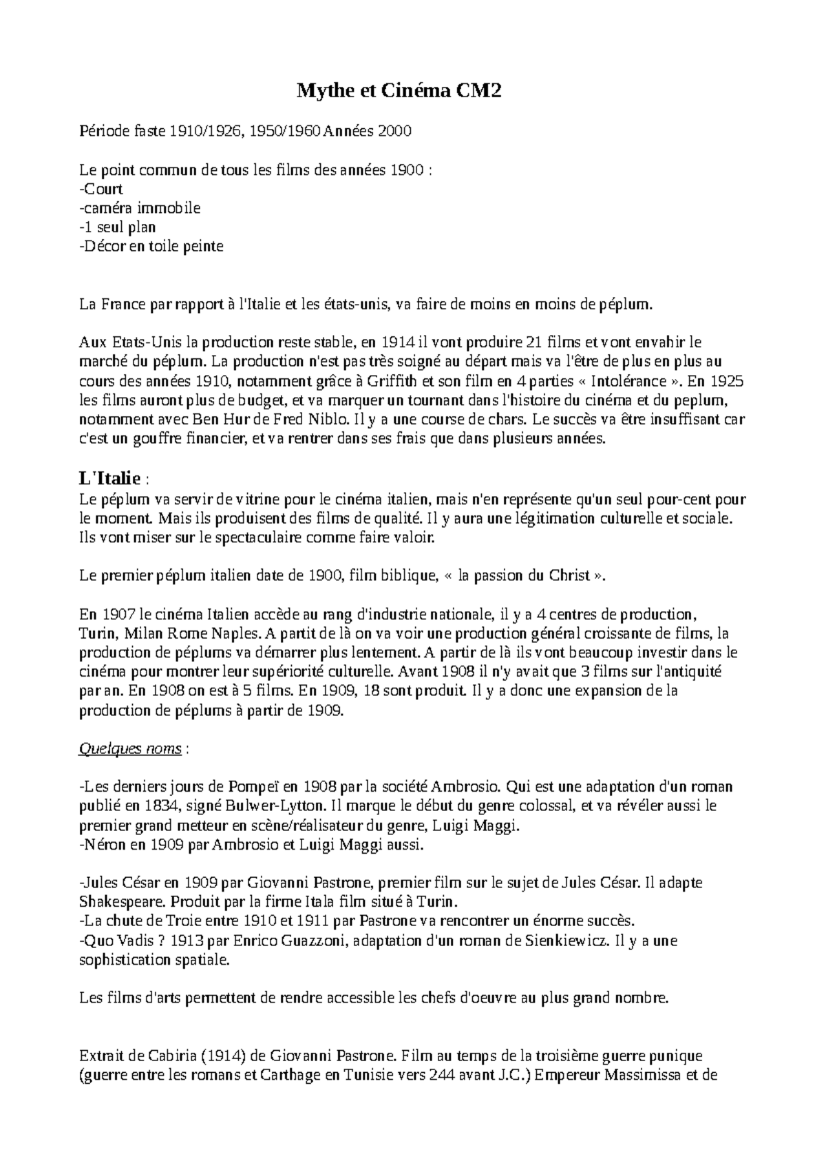 CM2 - Notes de cours 2 - Mythe et Cinéma CM2 Période faste 1910/1926 ...