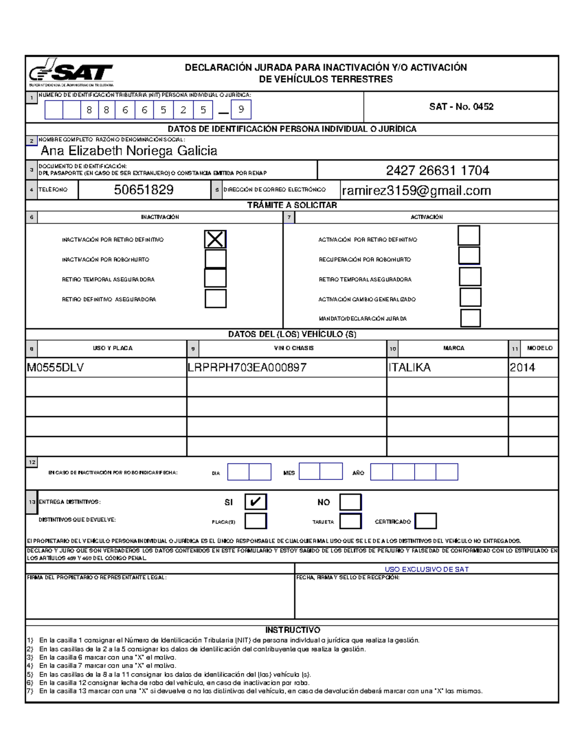 Formulario-SAT-452- Editable - 1 NÚMERO DE IDENTIFICACIÓN TRIBUTARIA ...