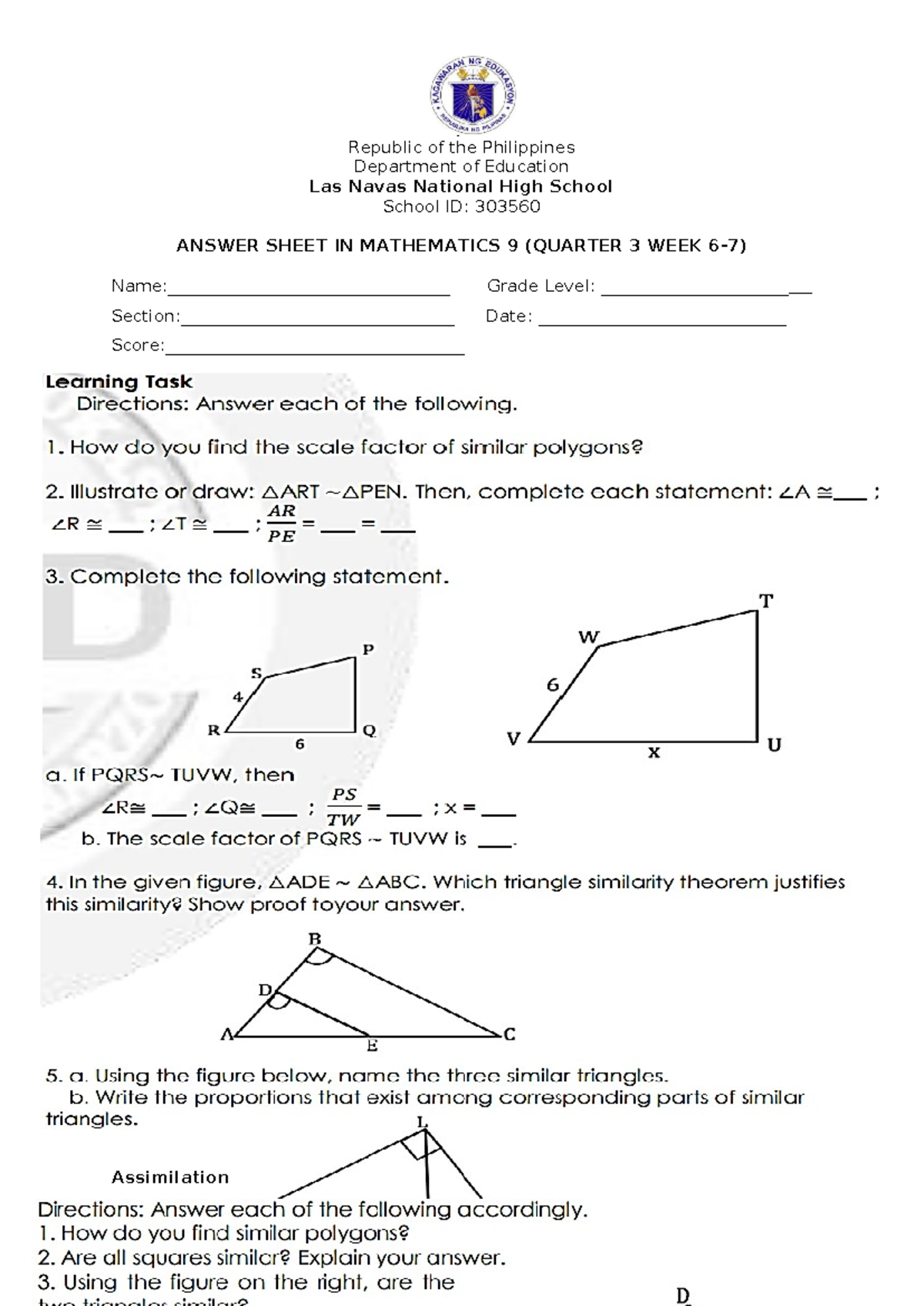Answer sheet math 9 week 6-7 - Bachelor in Secondary Education - p ...