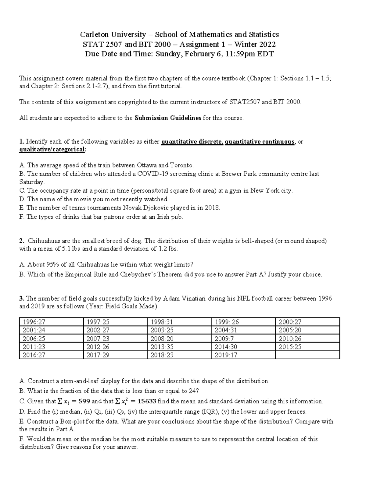 STAT 2507 BIT 2000 Assignment 1 - Carleton University – School of Mathematics and Statistics ...