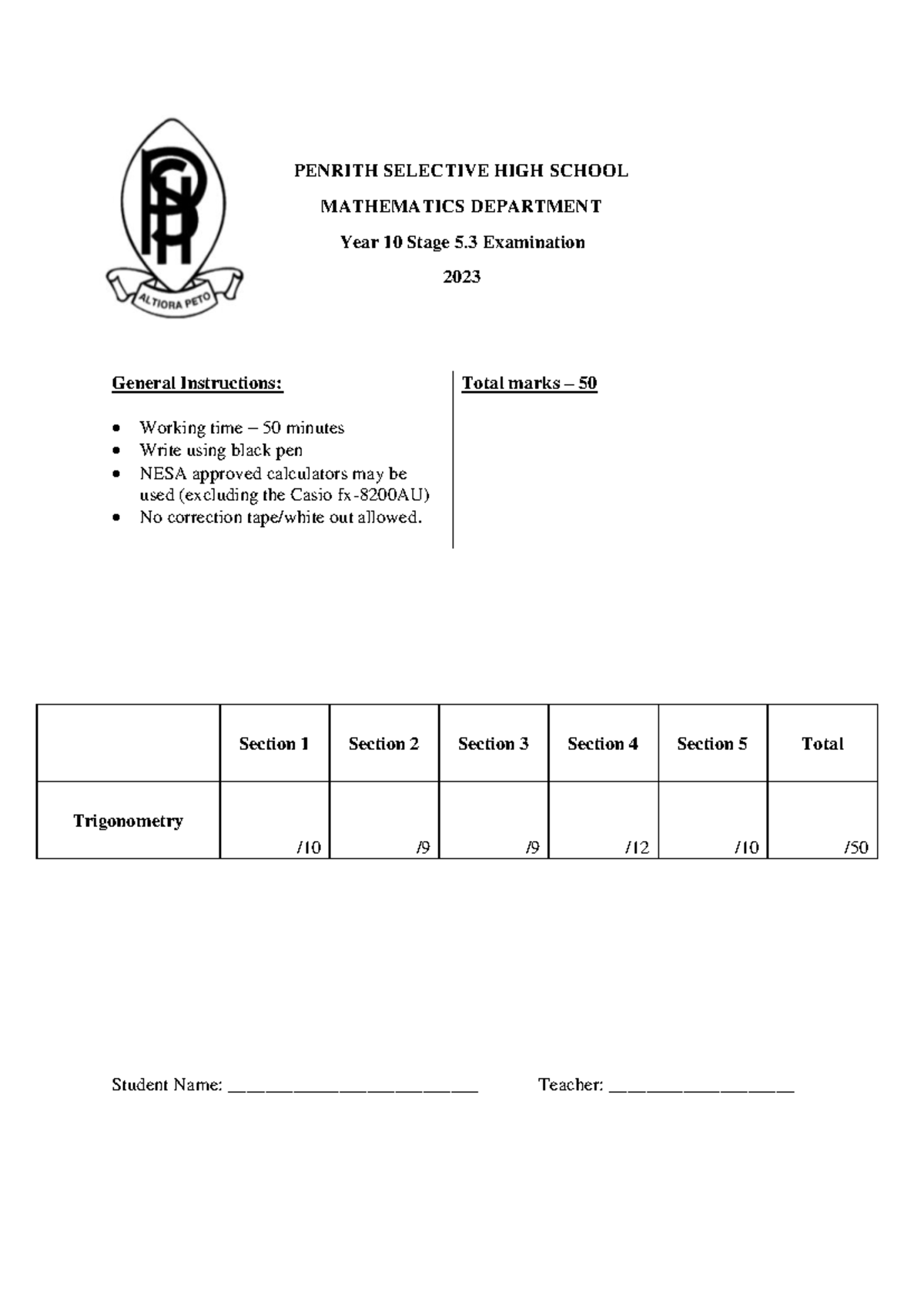 2023 Yr 10 Term 3 (Trigonometry) - PENRITH SELECTIVE HIGH SCHOOL ...