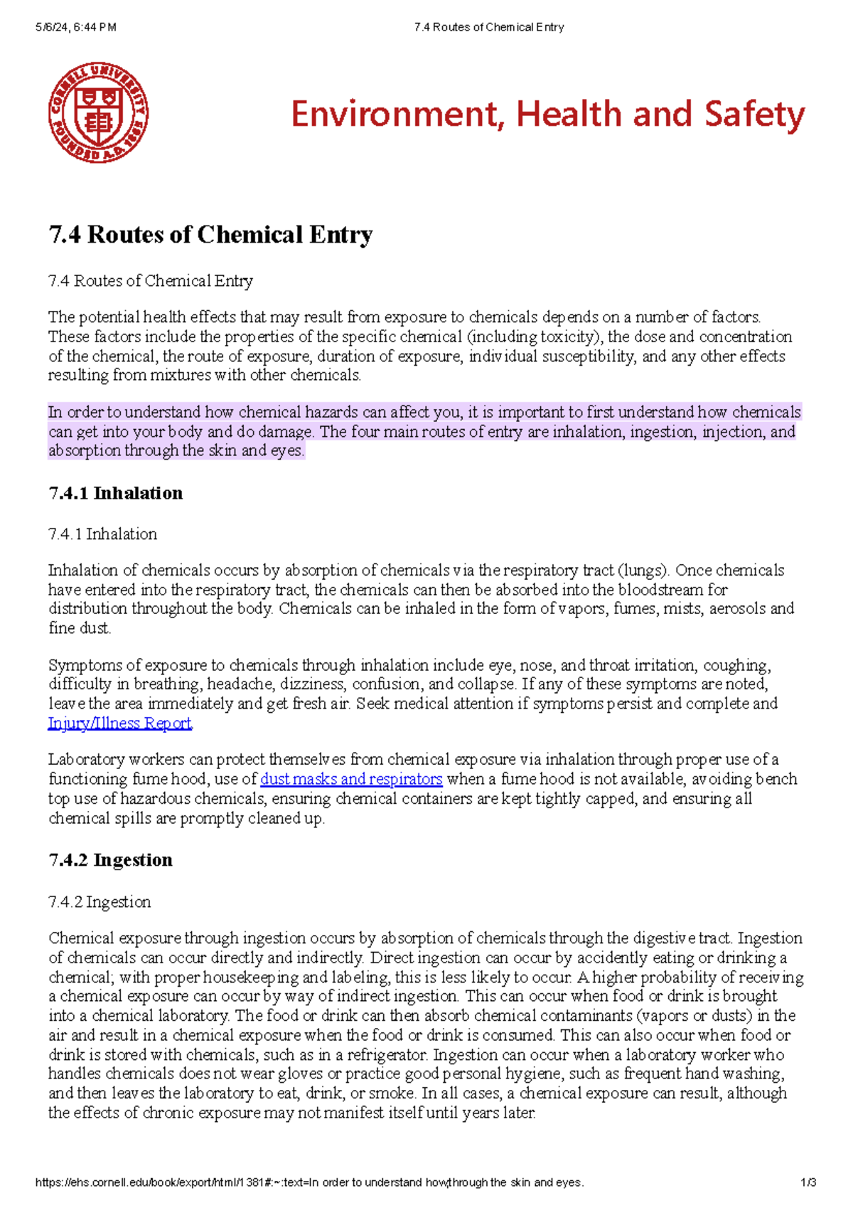 Routes of Chemical Entry - These factors include the properties of the ...