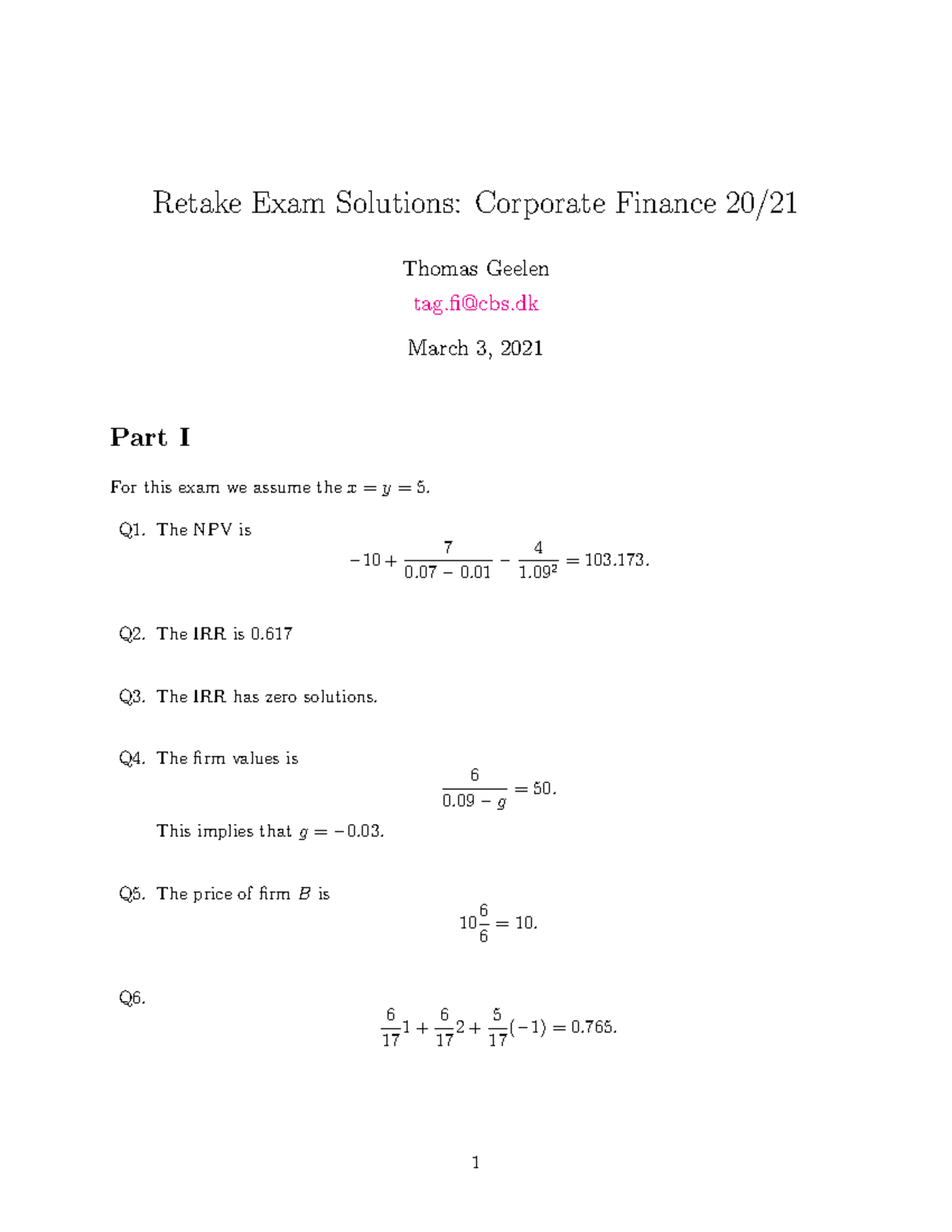 Retake exam 20 solutions - Corporate Finance - CBS - Studocu