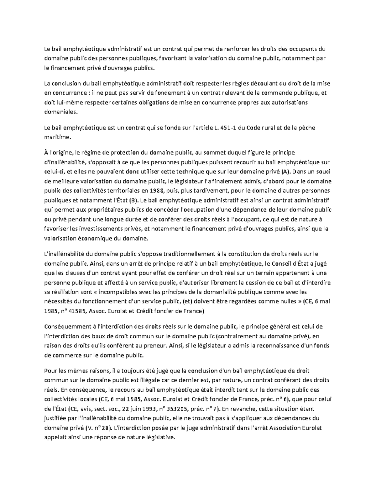 BEA - Notes de cours 1 - Le bail emphytéotique administratif est un ...