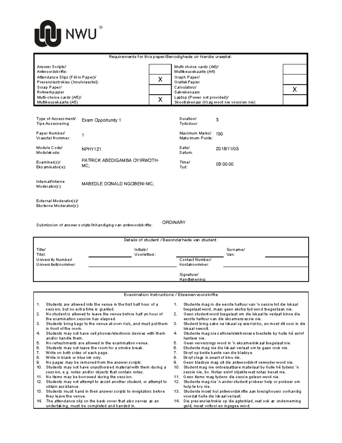NPHY121 Exam Opp 1-2018 - Requirements for this paper/Benodighede vir ...