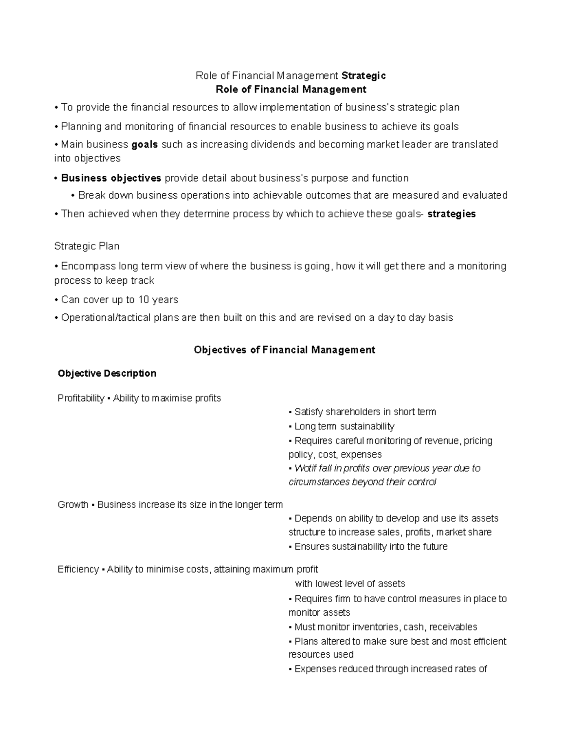 2019 BS Topic Finance Notes - Role of Financial Management Strategic ...