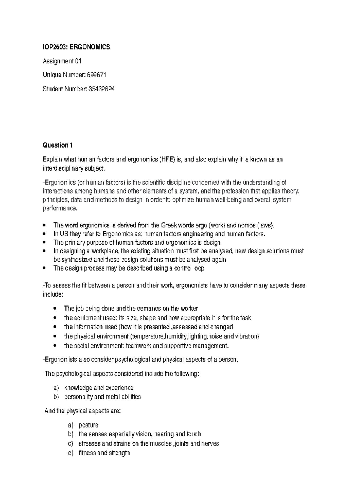 IOP2603 Egornomics Assignment 01 Unique No 699671 - IOP2603: ERGONOMICS ...