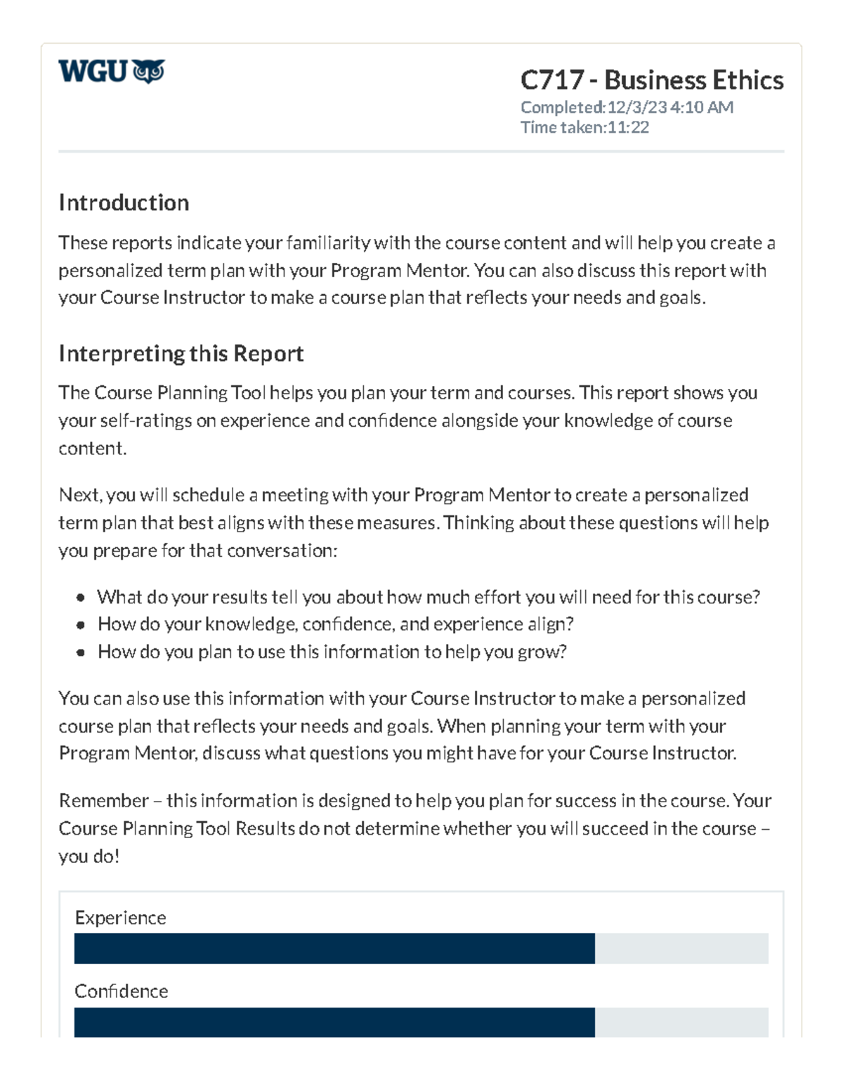 Course Planning Tool - information - C717 - Business Ethics Completed ...