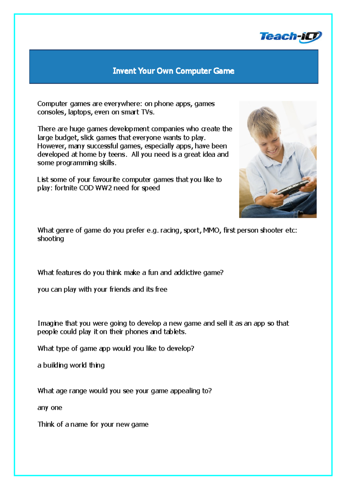 Year 7 Computer Science 0 - Invent Your Own Computer Game Computer ...