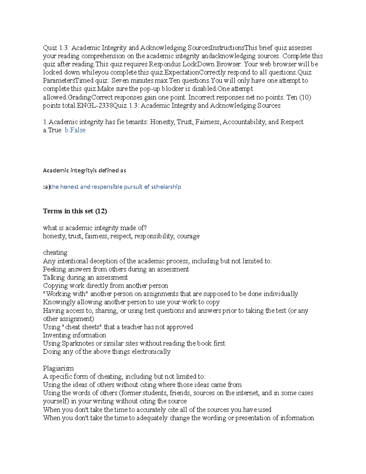 Academic integrity quiz answers Eng 2338 - Quiz 1: Academic Integrity ...